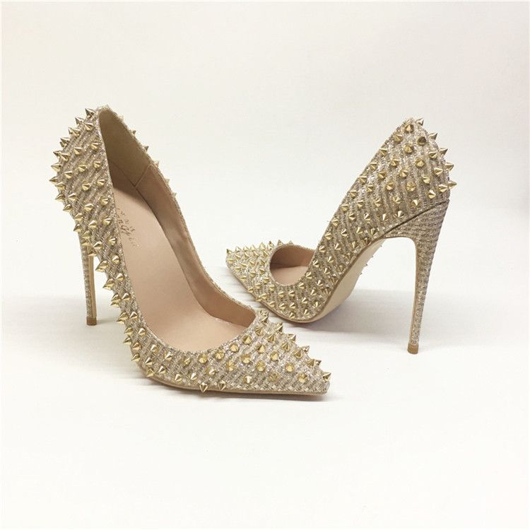 Fashion Women Pumps Gold Glitter Spikes Point Toe Slingback High Heels ...