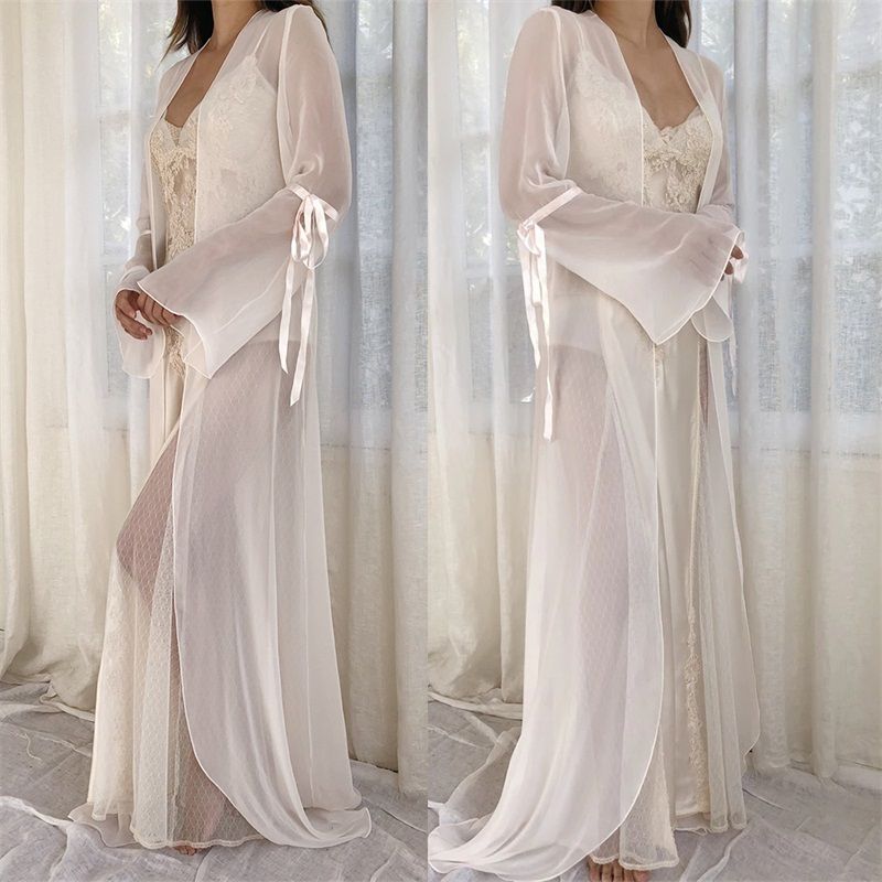 Two Piece Sexy Wedding Robes Chiffon Spaghetti Strap Appliqued Lace See ...