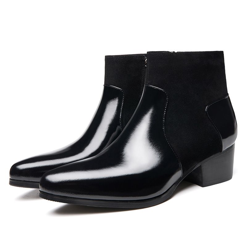 Patent Leather High Heels Boots Man Pointed Toe Winter Ankle Boots Men