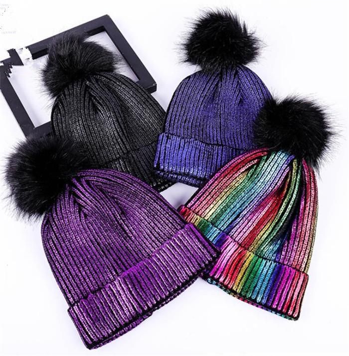 2021 Winter Knit Cap Women Fur Pompom Shiny Hats Fashion Wool Beanies ...