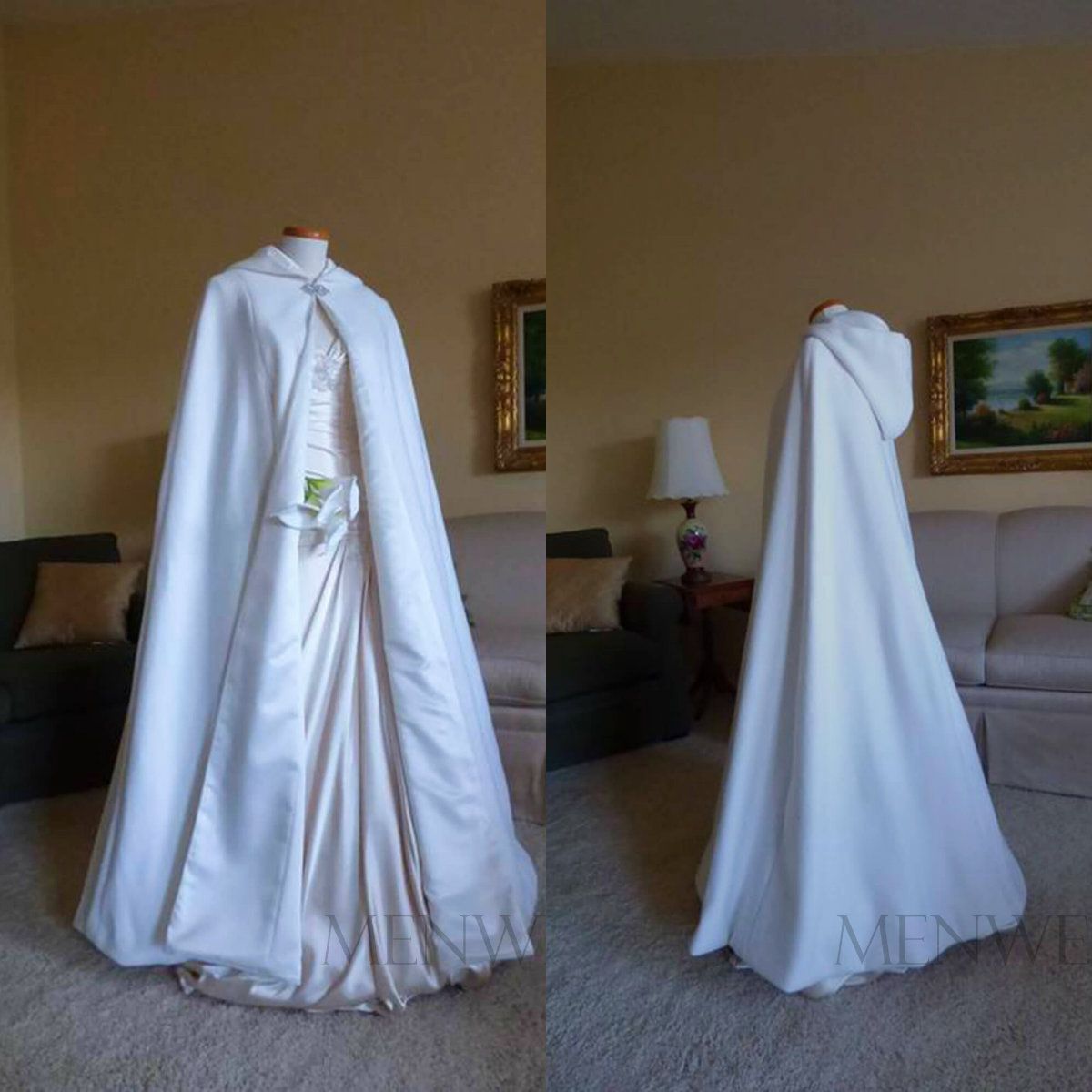 2020 White Satin Winter Cloak Cape Long Bridal Wraps & Jackets Special ...