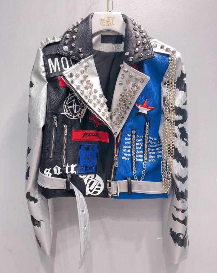 Leather Jacket Women Graffiti Colorful Print Rivet Biker Jackets And ...