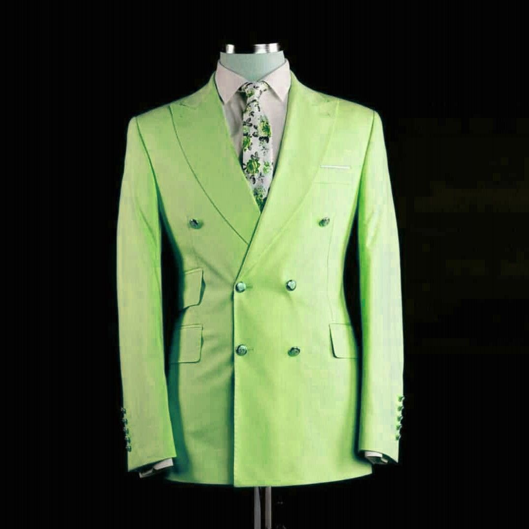 Double Breasted Men Suits Lime Green Groom Tuxedos Peak Lapel Groomsmen ...