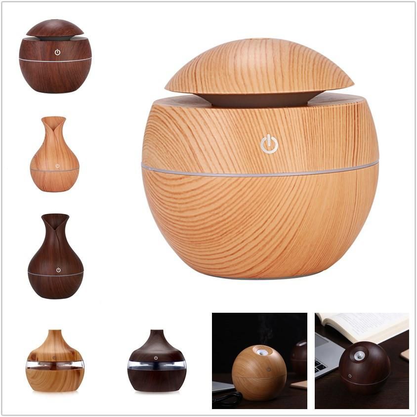 Wood Grain Bamboo Air Humidifier With LED Lights Mini Aroma Essential ...
