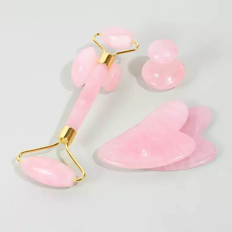 Jade Gua Sha Massage Tool Set Natural Rose Quartz Facial Massage Roller Guasha Massage Board Spa