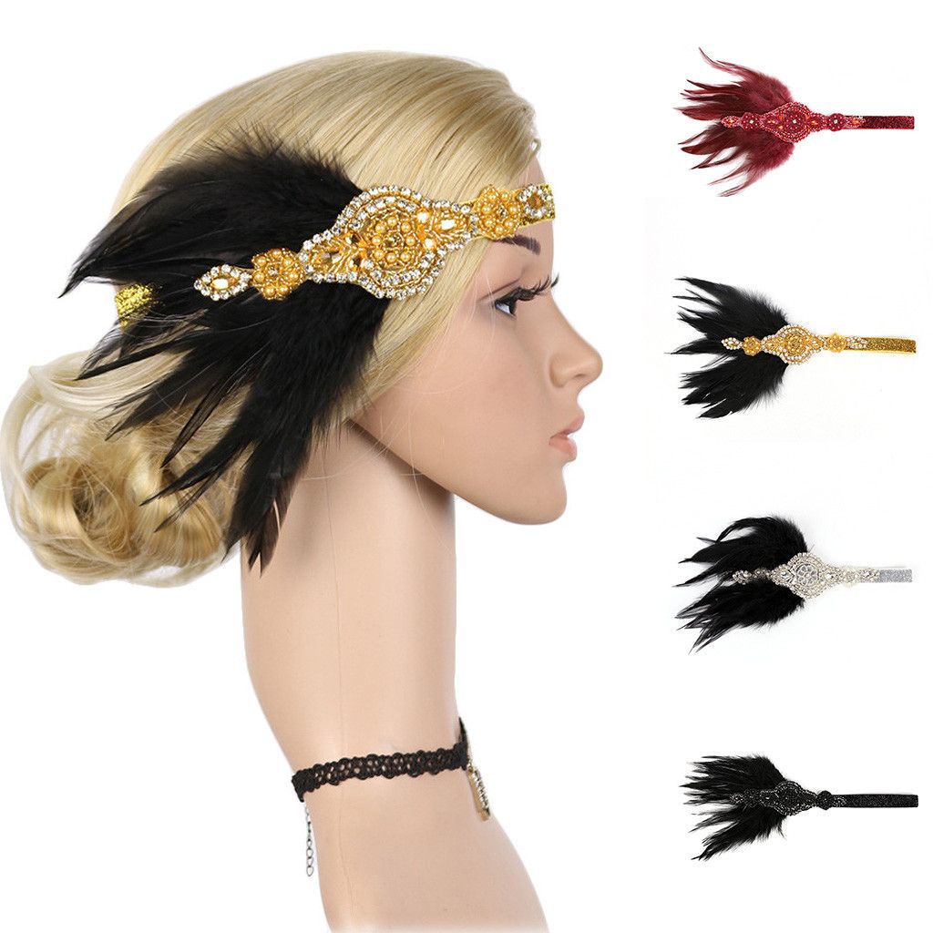 2021 Fashion Party Flapper Feather Headband With Black Rhinestones ...