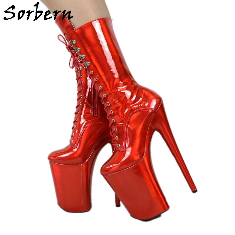 Sorbern Holographic Red Drag Queen Boots Mid Calf High Lace Up 9 Inch ...