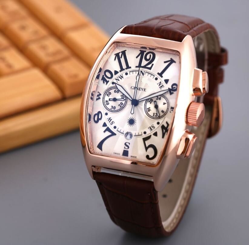 Oval Shape Gentalmen Genuine Leather Men Watches Subdials Work Quartz ...