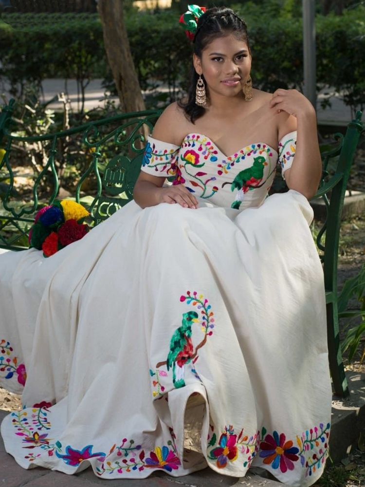 Flower Birds Embroidery Charro Quinceanera Dresses Mexican Theme White ...