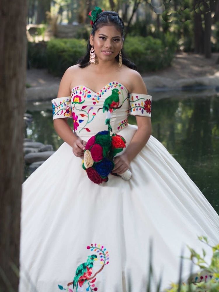 Flower Birds Embroidery Charro Quinceanera Dresses Mexican Theme White ...