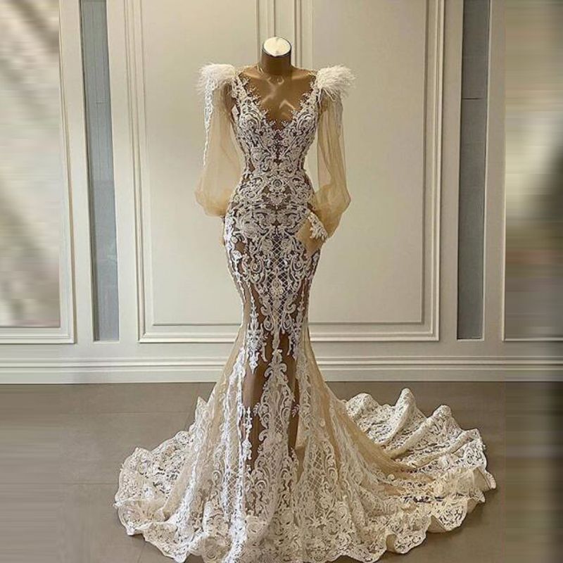 Robe De Mariée Champagne V Neck Mermaid Wedding Dresses Illusion Long ...