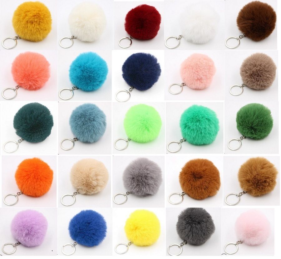Multi Color 8cm Rabbit Fur Ball Keychain Pom Pom Plush Car Keychain ...