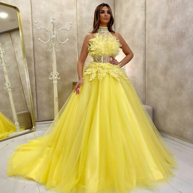 Yellow Feather African Dubai Prom Dresses High Collar Sleeveless A Line ...