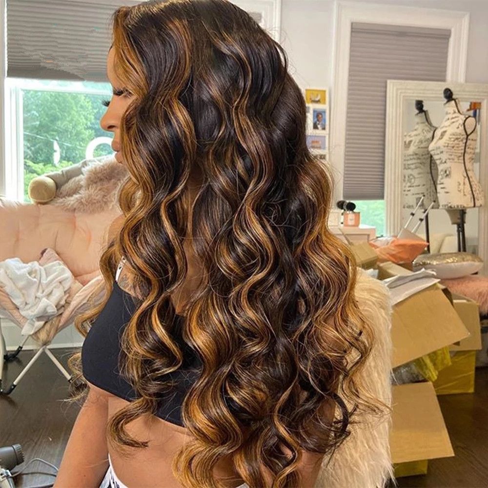 Highlight Ombre Human Hair Wigs Body Wave Pre Plucked Lace Front