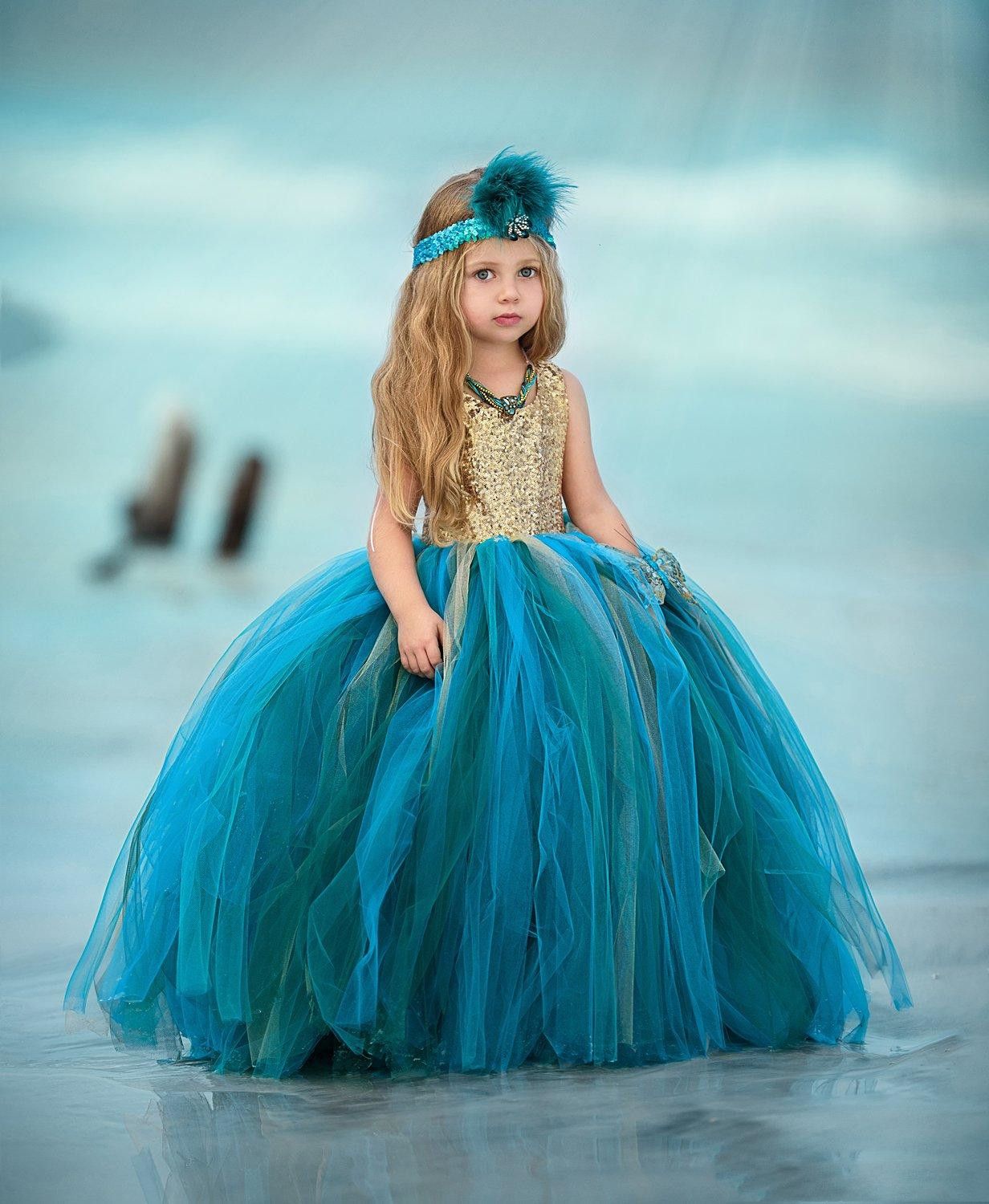 Bluish And Greenish Flower Girls Dresses 2019 With Butterfly & Gold ...