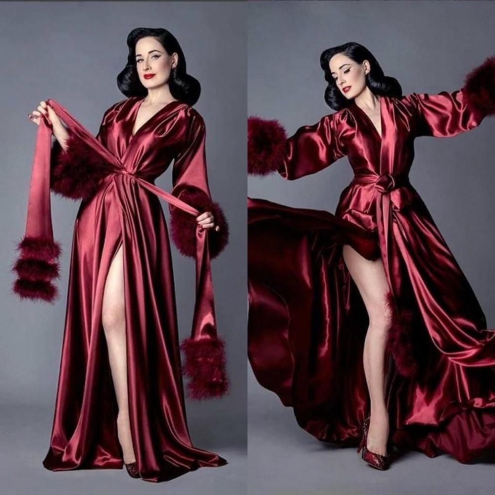 2021 Silk Night Robe Long Sleeves Fur Bridal Party Sleepwear Nightgowns ...