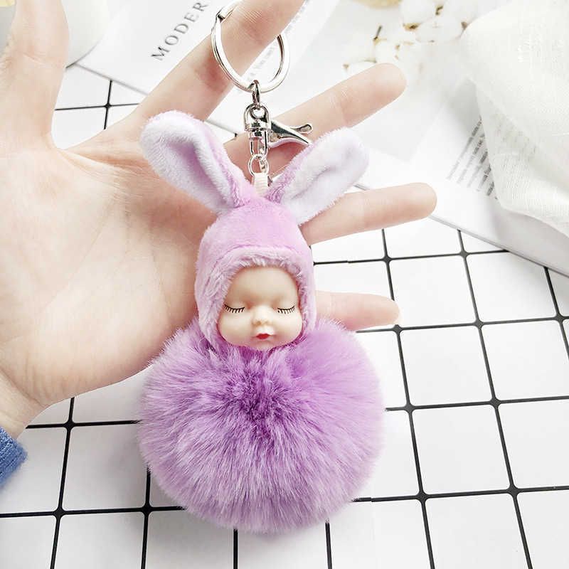 Sweet Sleeping Baby Doll Fluffy Bunny Keychain Cute Fluffy Pompom Key ...