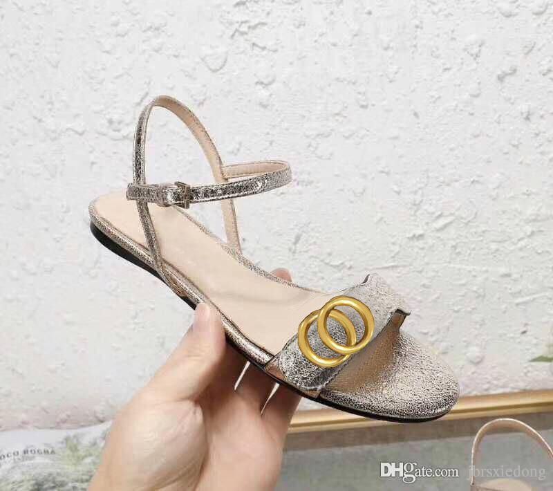 Classic Lady Sandals 100% Leather Flat Shoe Bottom Beach Belt Buckle ...