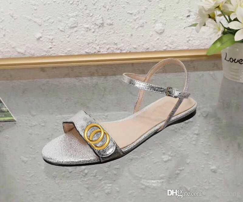 Classic Lady Sandals 100% Leather Flat Shoe Bottom Beach Belt Buckle ...