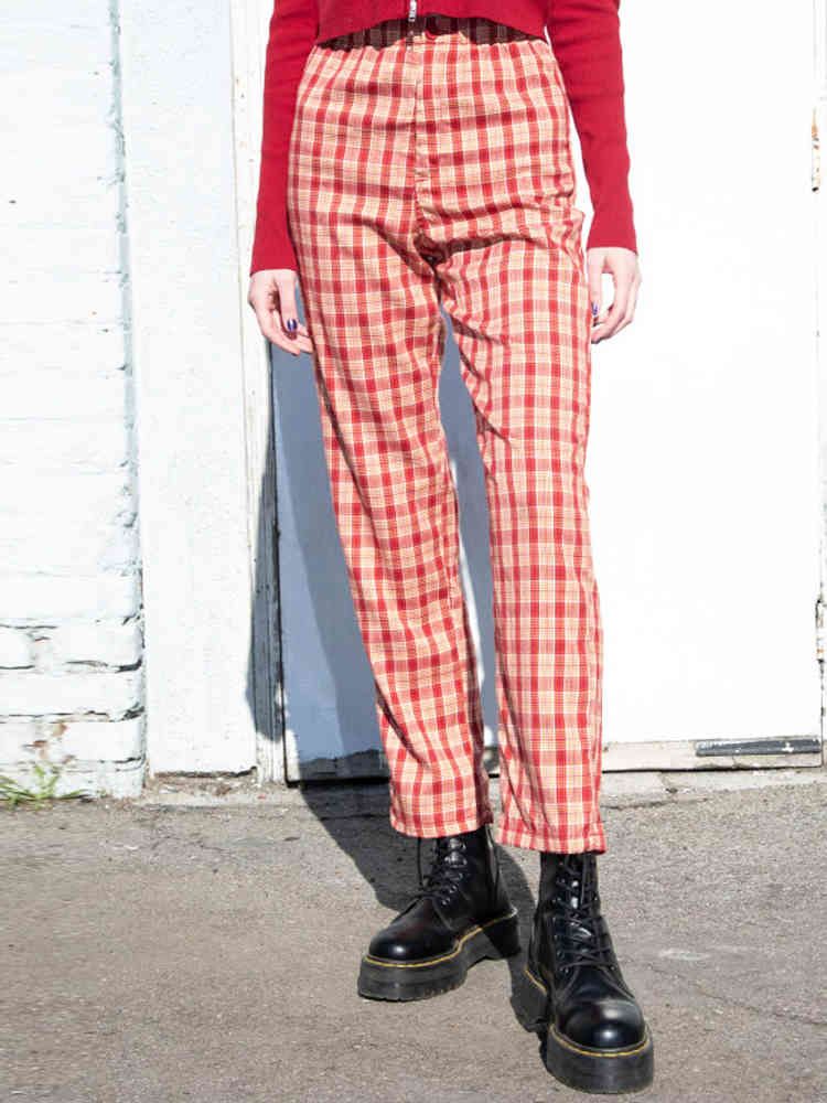 Red Checkered Pants Woman High Waist Wide Leg Ins Plaid Summer Womens ...