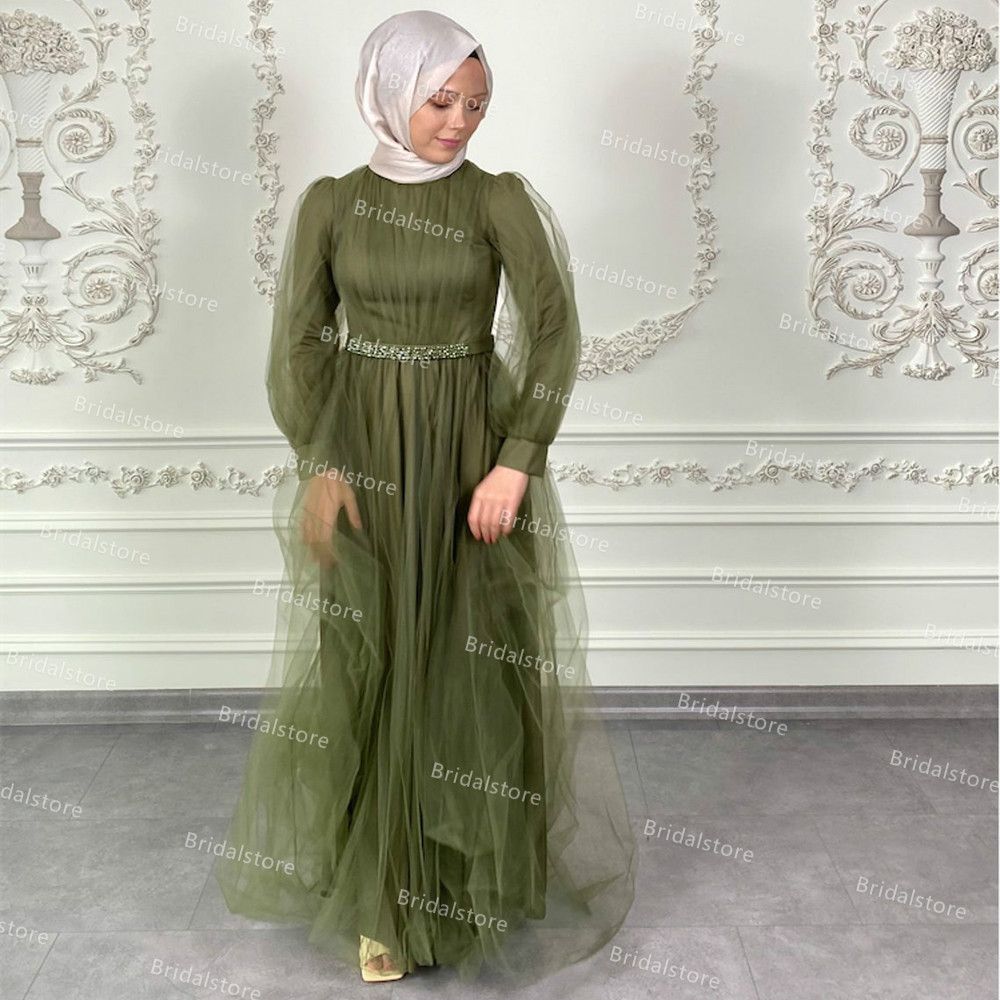 Unique Olive Green Muslim Evening Dress 2021 A Line Tulle Pleated Long ...