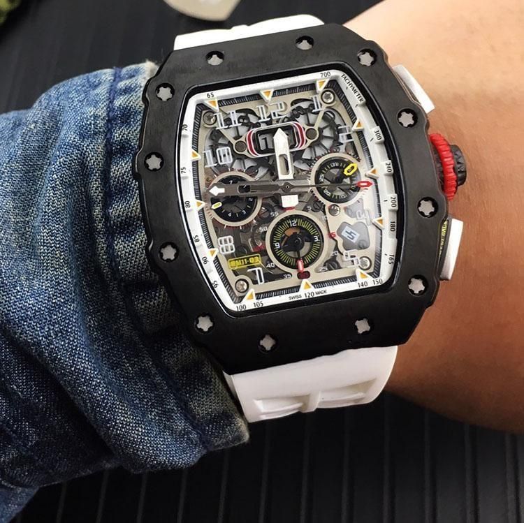 New Luxury Big Full Black Case Flyback Skeleton Watches Rubber Japan ...