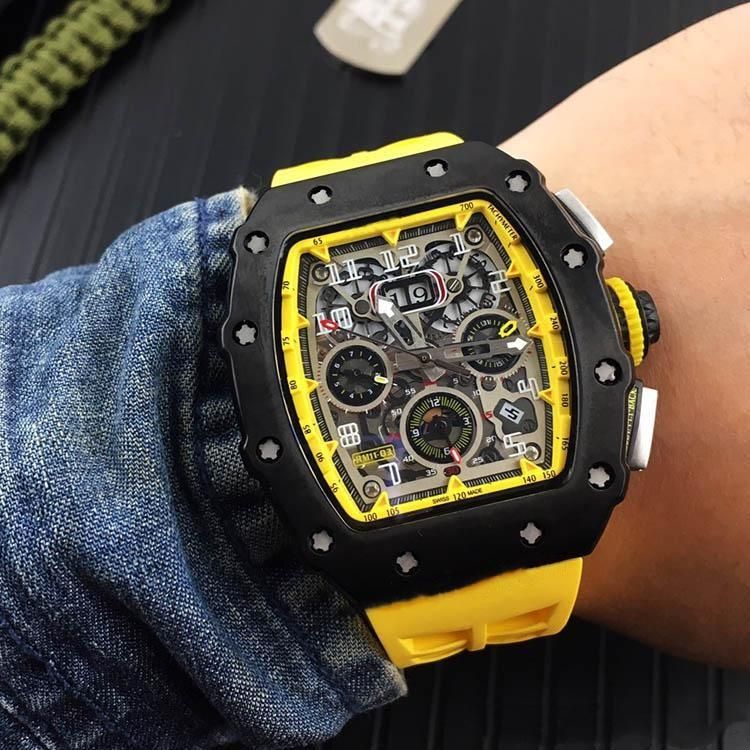 New Luxury Big Full Black Case Flyback Skeleton Watches Rubber Japan ...