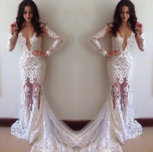Sexy Lace Evening Dresses V Neck Long Sleeves Prom Dresses Sheer
