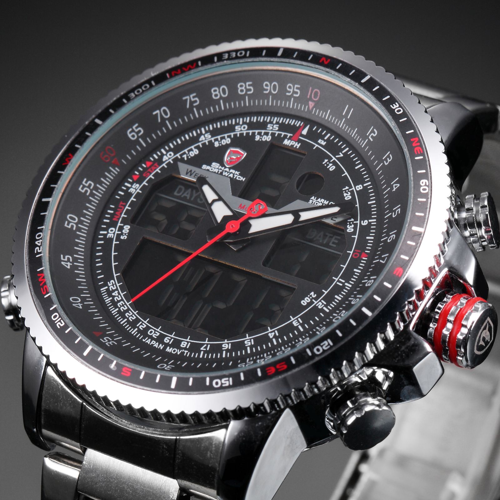 Men's Watches - SHARK Winghead Pilot Dual Movement Alarm Stainless ...