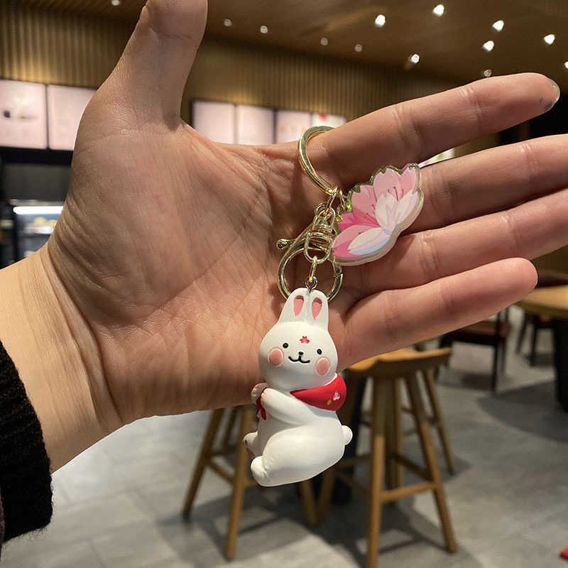 Cartoon Pink Cherry Blossom Bunny Kawaii Keychain Acrylic Resin Animal ...
