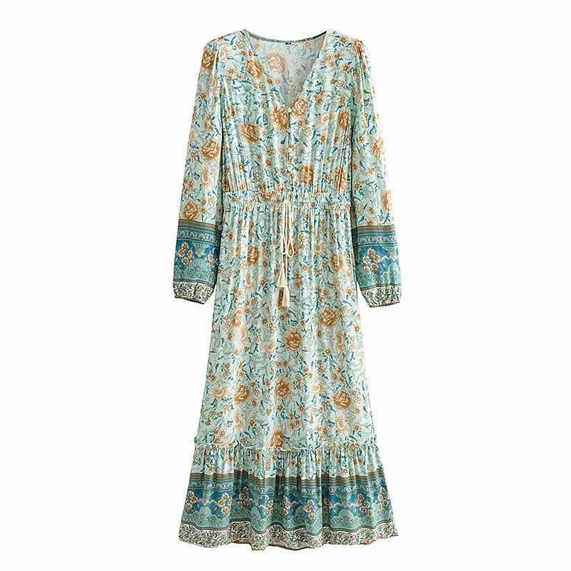 Jastie Vintage Floral Maxi Dresses Elegant Beach Button V Neck Floral