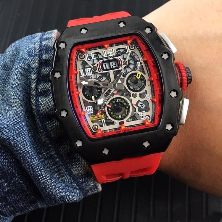 New Luxury Big Full Black Case Flyback Skeleton Watches Rubber Japan ...