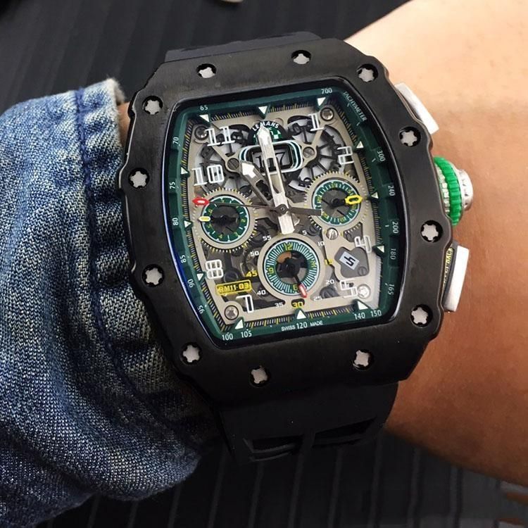 New Luxury Big Full Black Case Flyback Skeleton Watches Rubber Japan ...