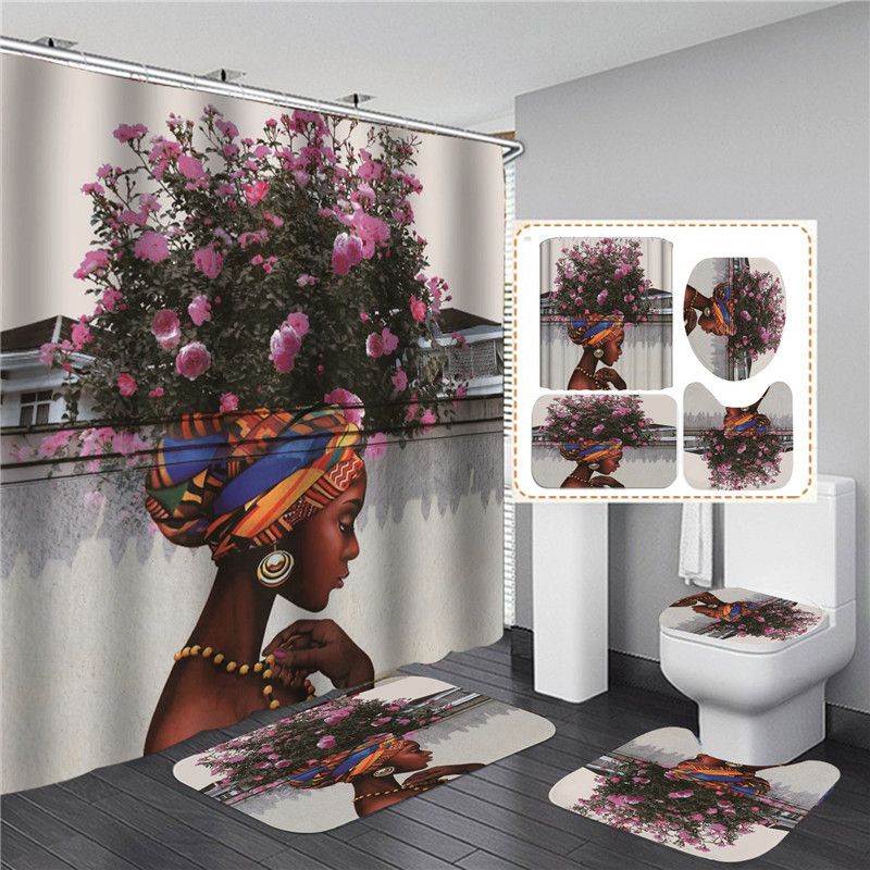 EthnoBath African Women Shower Set Waterproof Curtain, Non Slip Mat ...