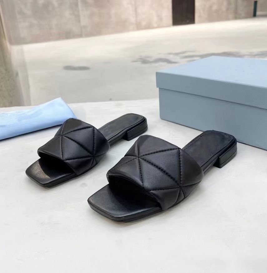 Summer Fashion: Genuine Leather Triangle Flat Slides For Women With Box ...