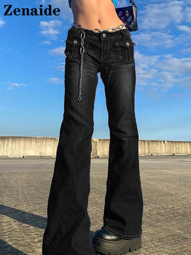 Zenaide Gothic Print Baggy Jeans Y2k Low Rise Trousers Blue Vintage