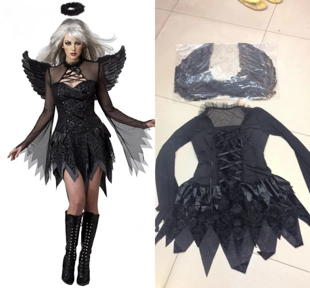 New Black Dark Devil Fallen Angel Costume Avec Aile Sexy Adult Cosplay