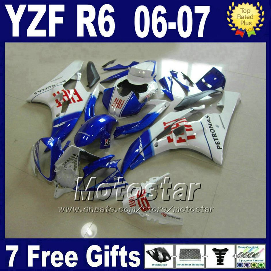 100% ABS Plastic For YAMAHA R6 Fairings Kits 2006 2007 White Blue Yzf ...