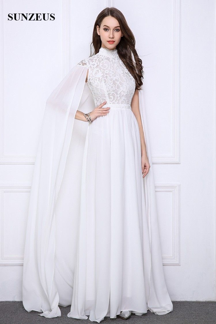 Long White Evening Gowns Lace High Neck Formal Dresses With Long Cape ...
