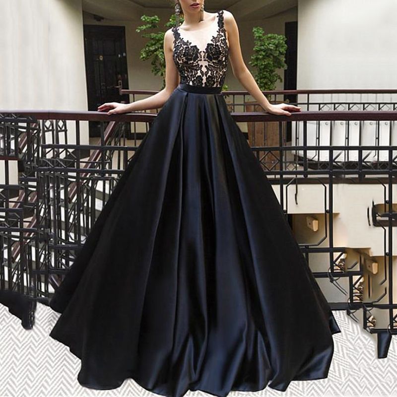 Elegant Scoop Neck Black Lace Prom Dresses Woman Robe De Soiree Manche