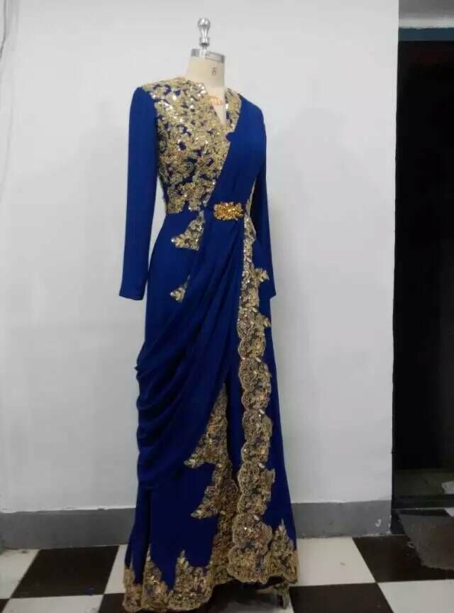 Royal Blue Dubai Arabic Evening Dresses A Line Long Sleeve Gold