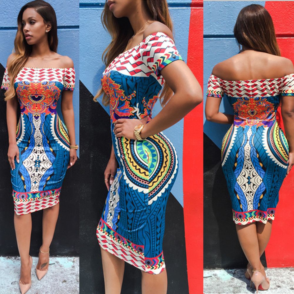 Summer Women Traditional African Print Sexy Short Sleeve Off Shoulder