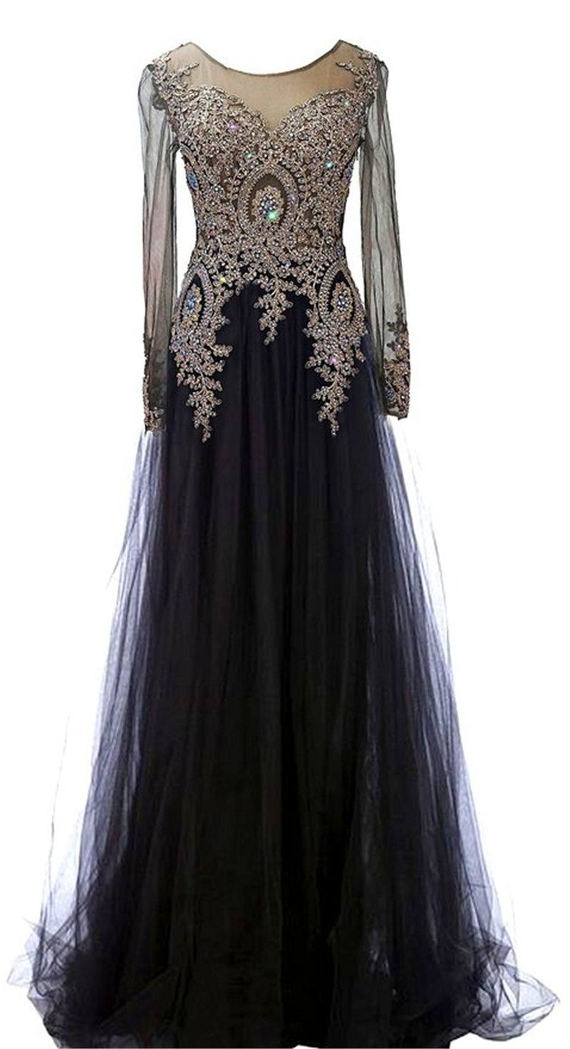 2016 Elegant Black Scoop Long Illusion Prom Dress Floor Length Evening
