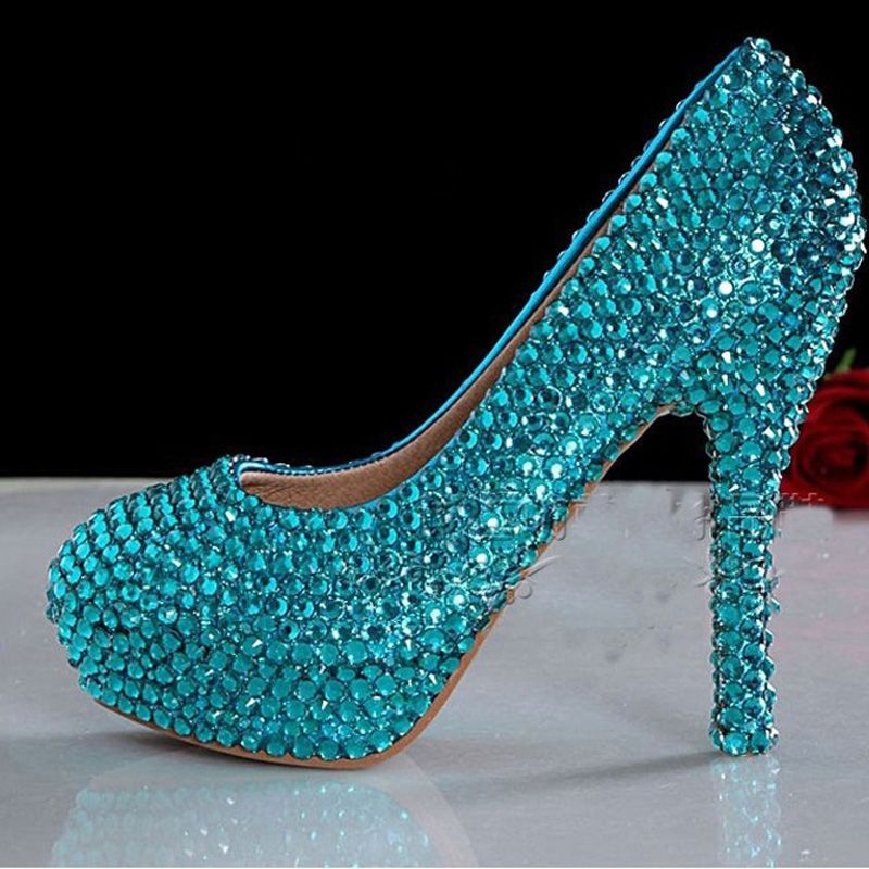 Blue Beautiful High Heels Luxury Pearls Rhinestone Shoes Wedding Dress ...