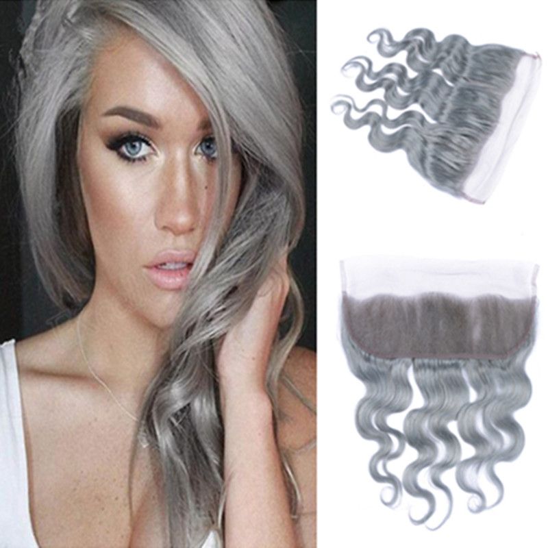 Free Middle Part Silver Grey Human Hair Full Lace Frontal Closure 13x4 ...