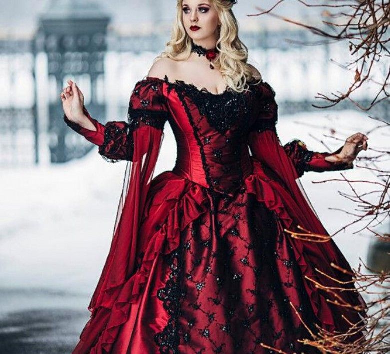 Gothic Belle Red Black Lace Wedding Dresses Vintage Lace-up Corset ...