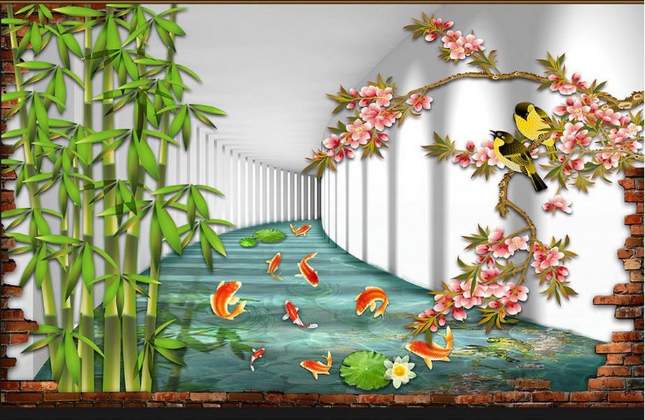 3D Chinese Nine Fish Picture TV Background Wall Nature Scenery Wall ...