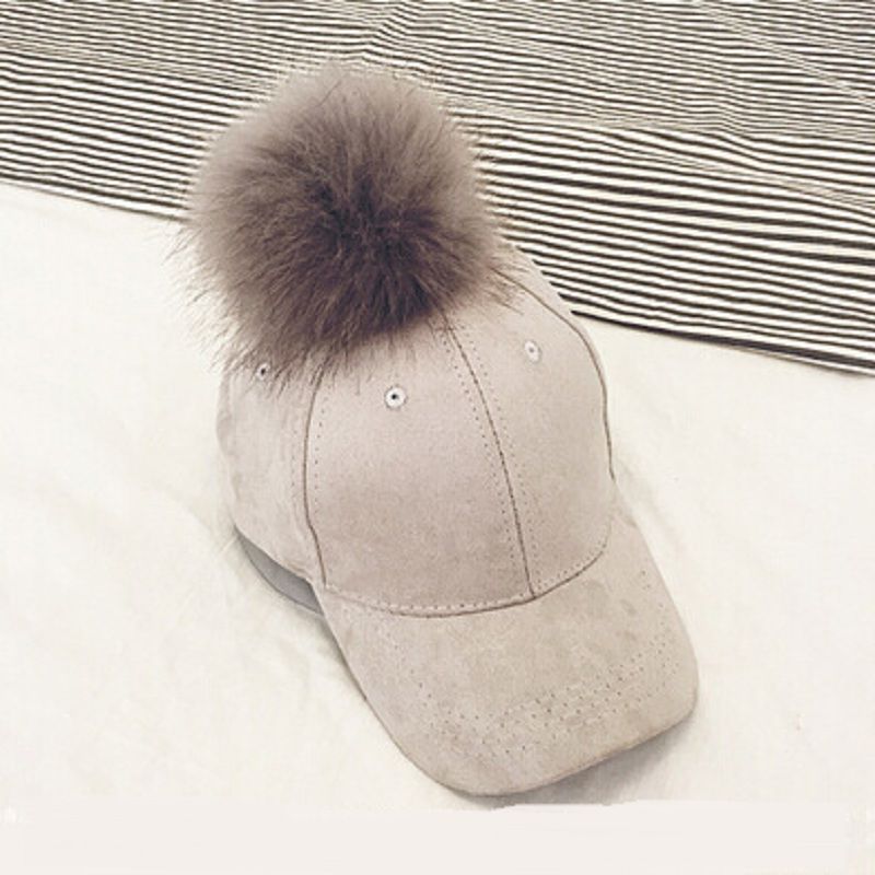 Fashion Faux Fur Pom Pom Suede Baseball Cap Female Fur Ball Gorros ...