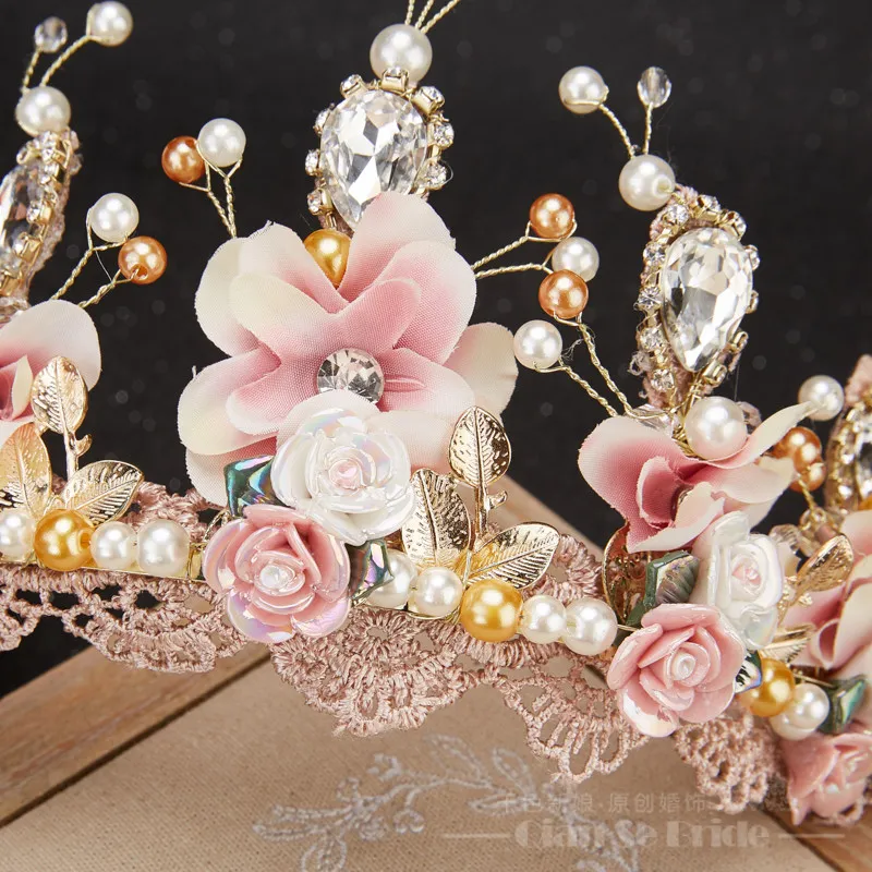 Luxueux Couronne Femmes Cristal Floral Tiara Perle Bijoux En Or ...