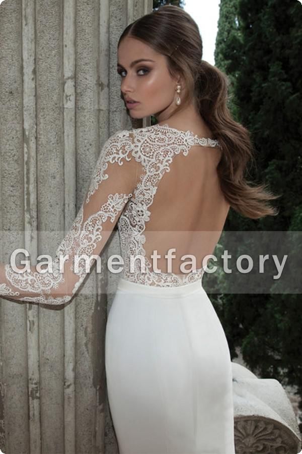 Sexy Berta Bridal Backless Wedding Dresses Mermaid Sheer Lace Top Open